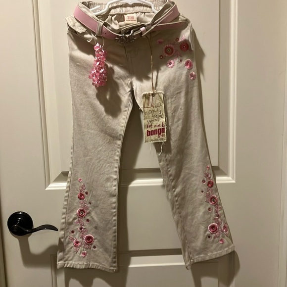 BONGO | Bottoms | Nwt Bongo Girls 5 Tan Boot Jean W Pink Embroidery Belt And Scrunchie | Poshmark